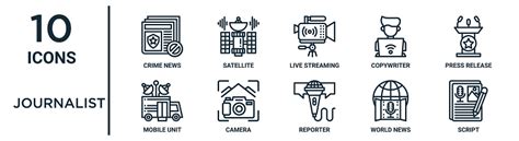 저널리스트 개요 아이콘 세트에는 얇은 라인 범죄 뉴스 라이브 스트리밍 보도 자료 카메라 세계 뉴스 스크립트 보고서 프리젠 테이션