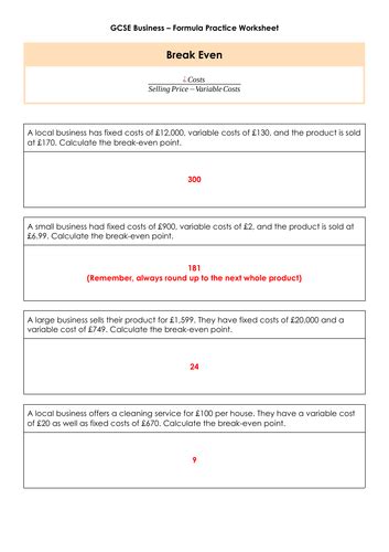 Gcse Business Break Even Practice Teaching Resources
