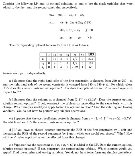 Solved Consider The Following Lp And Its Optimal Solution