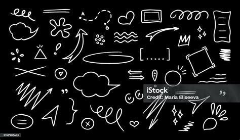 밑줄 강조 아이콘 말풍선 화살표 및 도형을 스케치합니다 손으로 그린 브러시 스트로크 강조 표시 밑줄 반짝임 요소 검은 배경에 벡터 일러스트 레이 션 가리키기에 대한 스톡