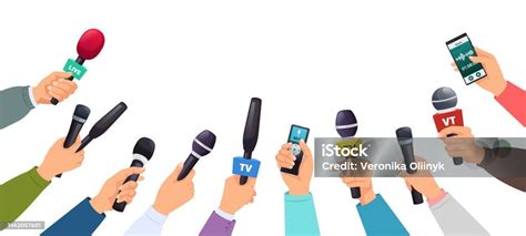 기자 회견 뉴스 기자와 기자 손 마이크 기록 방송사 발표 회담 벡터 일러스트 레이 션 마이크에 대한 스톡 벡터 아트 및 기타