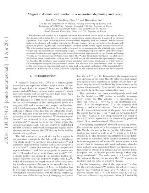 Pdf Magnetic Domain Wall Motion In A Nanowire Depinning And Creep