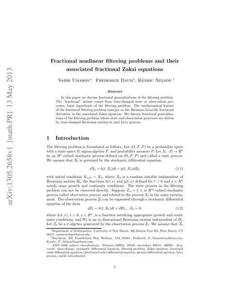 Pdf Fractional Nonlinear Filtering Problems And Their Associated Fractional Zakai Equations