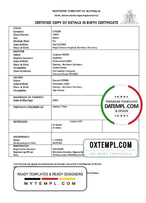 Australian Northern Territory Of Australian Birth Certificate Example In Word Format Mytempl