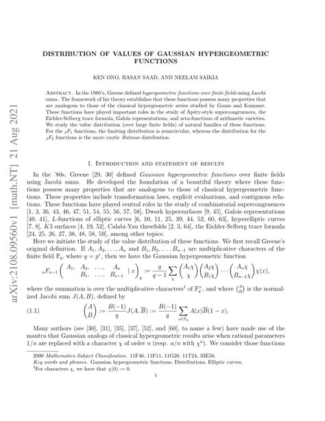 Pdf Distribution Of Values Of Gaussian Hypergeometric Functions