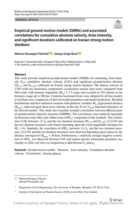 Empirical Ground Motion Models Gmms And Associated Correlations For Cumulative Absolute