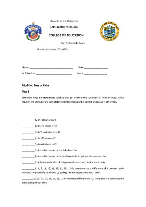 TQ Test Questionnaire Republic Of The Philippines LAPU LAPU CITY COLLEGE COLLEGE OF