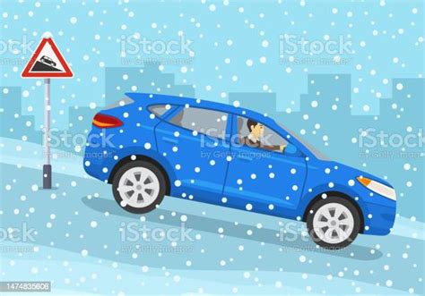 겨울철 안전한 자동차 운전 교통 표지판은 내리막 길을 경고합니다 파란색 Suv 자동차가 내려오고 있습니다 속도에 대한 스톡 벡터 아트 및 기타 이미지 Istock