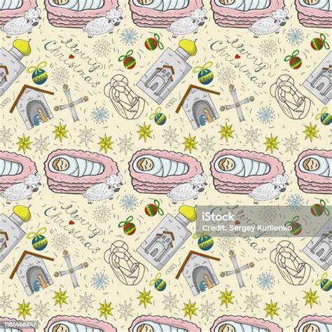 정통 크리스마스 색상과 윤곽 그림 원활한 낙서 아기 패턴 레이아웃 디자인 아기 예수 양 헛간 Sneginka 별 배경 격리 옆에