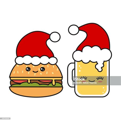 신선한 맥주와 햄버거 산타의 모자를 쓰고 귀 엽 고 재미 있는 벡터 크리스마스 만화 유리 산타 클로스에 대한 스톡 벡터 아트 및 기타 이미지 산타 클로스 햄버거