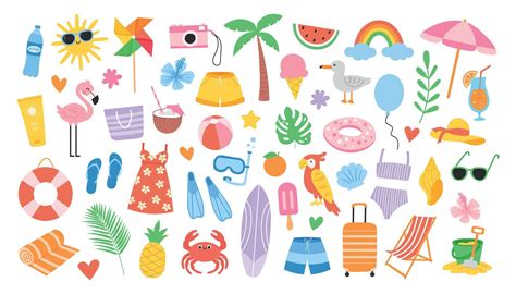 Cute Beach Set Summer Colorful Holiday Icons Hand Drawn Illustration