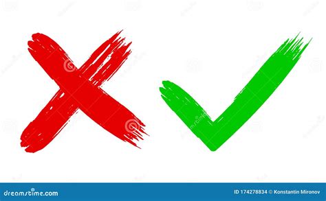Two Dirty Grunge Hand Drawn With Brush Strokes Cross X And Tick OK Check Marks Stock Vector