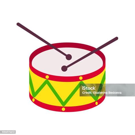 밝은 드럼 그리고 드럼 스틱 흰색 배경입니다 클래식 타악기 음악 악기입니다 귀여운 플랫 만화 스타일입니다 드럼채에 대한 스톡 벡터 아트 및 기타 이미지 Istock