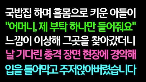 실화사연 국밥집 하며 홀몸으로 키운 아들이 느낌이 이상해 그곳을 찾아갔더니 날 기다린 충격 장면 현장에 경악해 입을 틀어막고 주저앉아버렸습니다ㅣ라디오드라마ㅣ사이다사연ㅣ