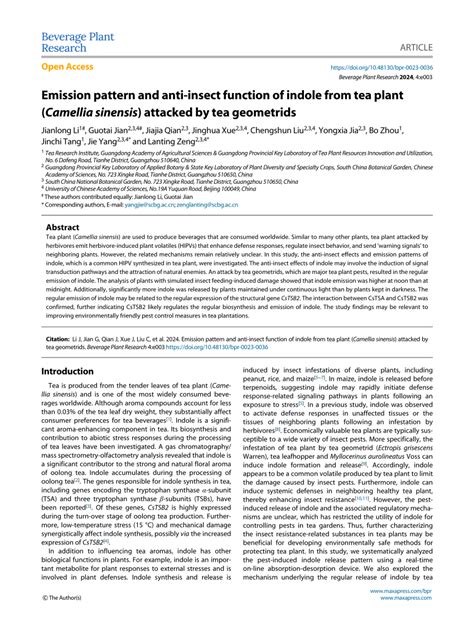 Pdf Emission Pattern And Anti Insect Function Of Indole From Tea