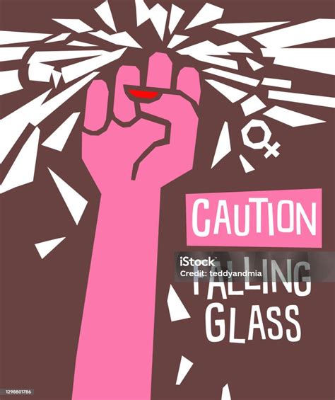 유리 천장 페미니스트 포스터 또는 배너 디자인을 깨는 떨어지는 파편과 여성 주먹 여성의 권리에 대한 스톡 벡터 아트 및 기타