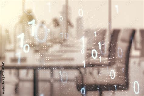 Abstract Virtual Binary Code Sketch On A Modern Furnished Office Interior Background Hacking
