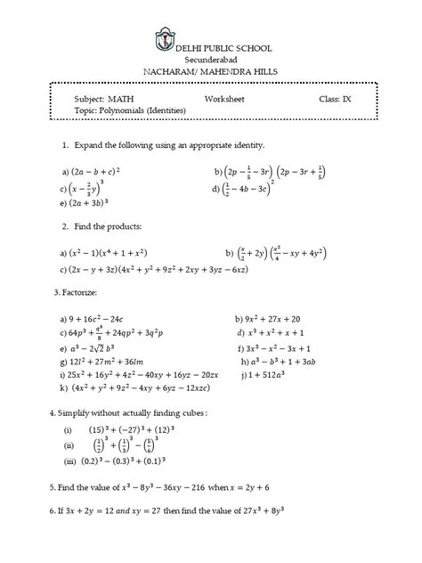 Polynomials Identities Worksheet Pdf Polynomials Identities Worksheet Pdf