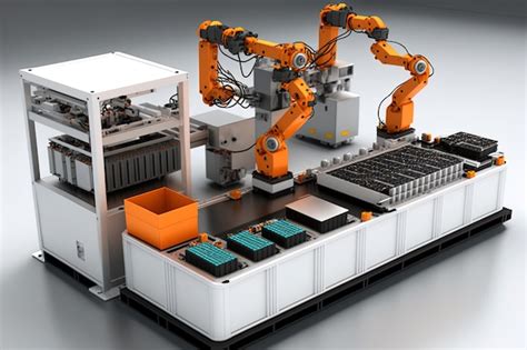 플랫폼 Generative Ai에 전기 자동차 배터리 셀 모듈이 있는 산업 공장 로봇 조립 라인의 내부 프리미엄 사진
