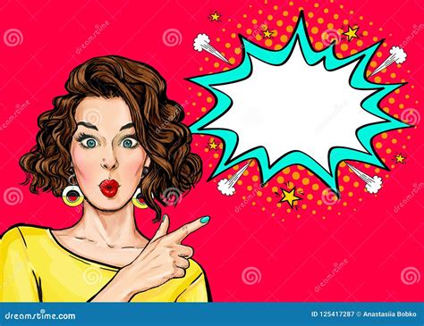 Pop Art Woman Surprise Showing Product Beautiful Girl With Curly Hair