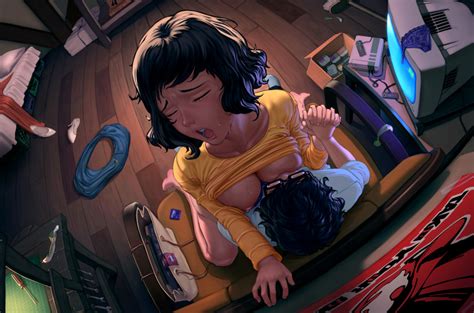 Rule Babe Absurdres Amamiya Ren Bed Black Hair Breast Sucking Breasts Closed Eyes Clothed