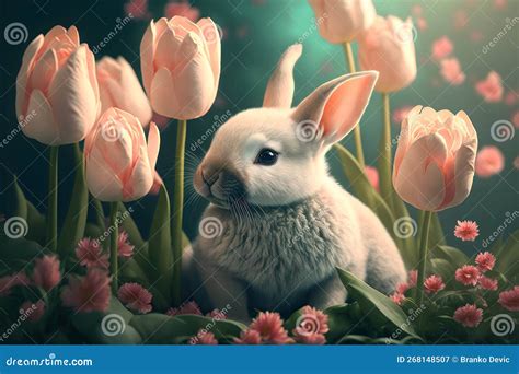 Cute Bunny Siting On The Grass In The Forest Among The Beautiful Tulips Stock Illustration