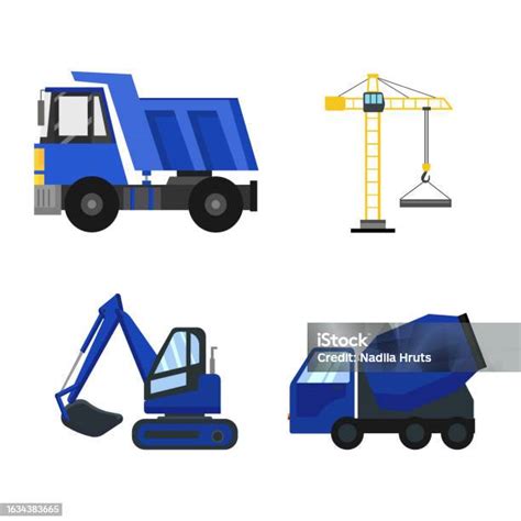 건설 장비 대형 세트 특수 기계 건축 공사 지게차 크레인 굴삭기 트랙터 불도저 트럭 자동차 콘크리트 믹서 트레일러 건설 기계 벡터 그림입니다 개념에 대한 스톡 벡터 아트 및
