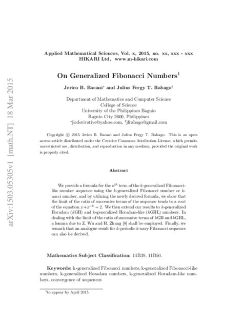 Pdf On Generalized Fibonacci Numbers 1 Jerico Bacani