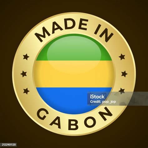 Made In Gabon 벡터 그래픽 둥근 황금 라벨 배지 엠블럼 가봉의 국기와 가봉에서 만든 텍스트 어두운 배경에 고립 3차원