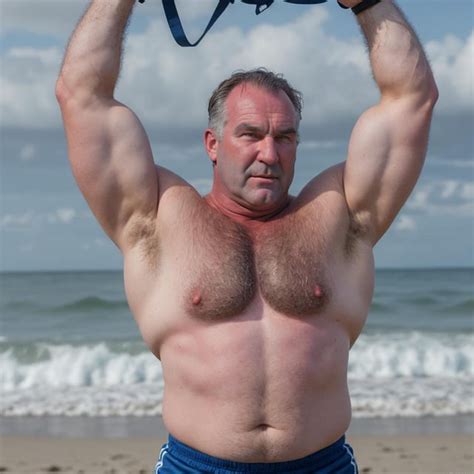 Strong Older Fit Musclebear Daddy Shirtless On Beach R