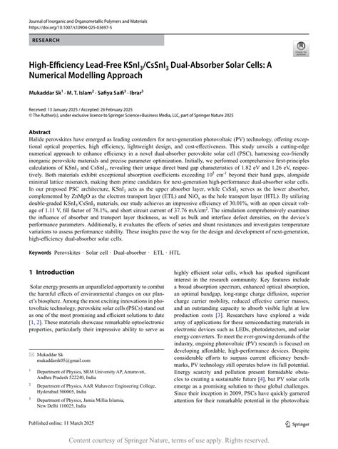 High Efficiency Lead Free Ksni3cssni3 Dual Absorber Solar Cells A