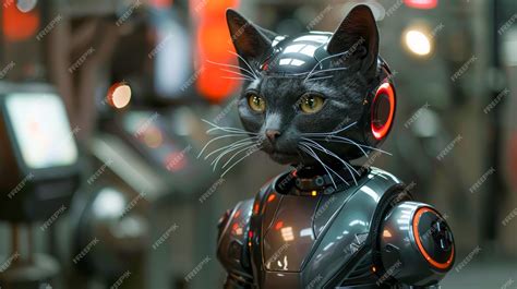 Premium Photo Futuristic Cybernetic Cat Robot With Glowing Eyes In A Scifi Setting