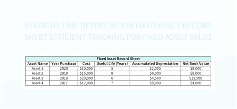 Straight Line Depreciation Fixed Asset Record Sheet Efficient Tracking For Fixed Asset Value