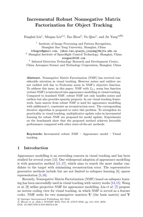 Pdf Incremental Robust Nonnegative Matrix Factorization For Object Tracking