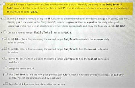 solved in cell f2 enter a formula to calculate the daily total in