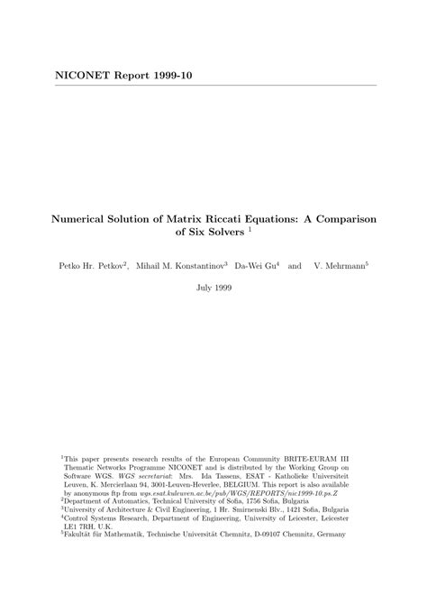 Pdf Numerical Solution Of Matrix Riccati Equations A Comparison Of Six Solvers