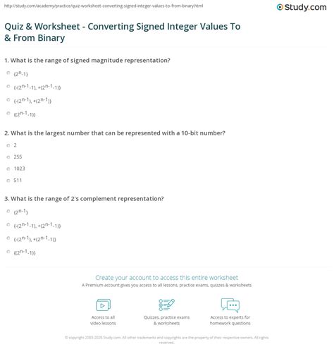 Quiz And Worksheet Converting Signed Integer Values To And From Binary