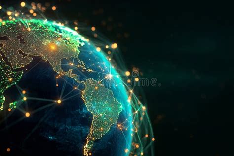 Visual Representation Of Global Connectivity With Illuminated Continents And Network Patterns