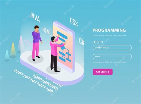 Free Vector Freelance Programming Isometric Composition With Two Programmers On Work And Log