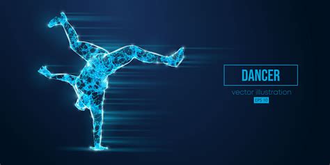 젊은 힙합 댄서의 추상적인 와이어프레임 실루엣은 삼각형과 파란색 배경에 있는 입자를 깨고 춤추는 남자를 고립시킨다 벡터 그림 와이어 프레임 모델에 대한 스톡 벡터 아트 및