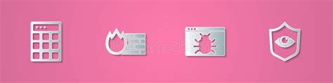 Set Paper Cut Password Protection Firewall Security Wall System Bug And Shield And Eye Icon