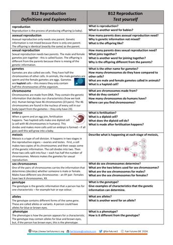 Aqa Trilogy B12 Keyword Revision Bookmark Sexual Reproduction Teaching Resources