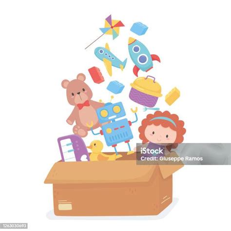 작은 아이들이 만화를 재생하는 골판지 상자 전체 장난감 개체 0명에 대한 스톡 벡터 아트 및 기타 이미지 0명 가득 찬 곰 Istock