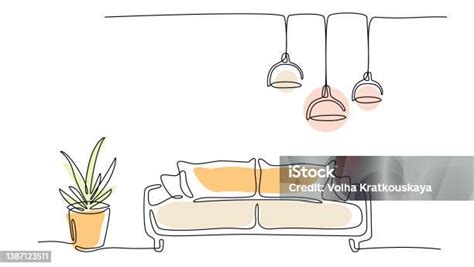 추상색 모양의 소파 램프 및 식물의 연속 라인 드로잉 현대적인 가구를 갖춘 1 라인 인테리어 거실 한 줄 요소 손 은 실내 낙서 일러스트의 윤곽을 그립니다 거실에 대한 스톡