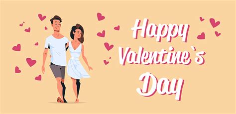 사랑 행복 한 발렌타인 개념 젊은 남자 여자 심장 모양 만화 캐릭터 전체 길이 가로 인사말 카드 위에 함께 걷는 수용에 몇 걷기에 대한 스톡 벡터 아트 및 기타 이미지