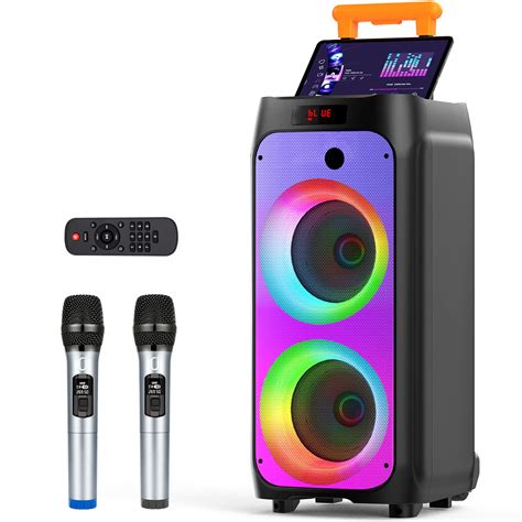 Portable Bluetooth Rechargeable Karaoke Party Speaker System With 2 Wireless Microphones At