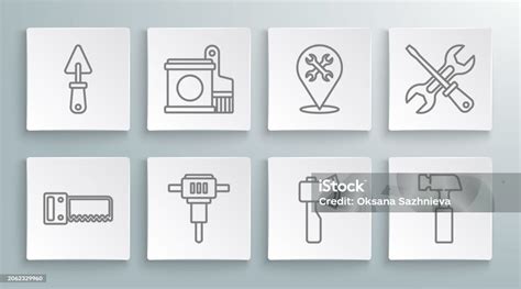 라인 손톱 페인트 통 브러시 건설 착암기 나무 도끼 망치 렌치 위치 드라이버 및 흙손 아이콘을 설정합니다 벡터 갈고리 발톱에 대한 스톡 벡터 아트 및 기타 이미지 Istock