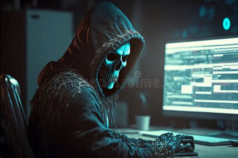 Anonymous Skeleton Hacker With Hood Sitting Next To Computer Ai
