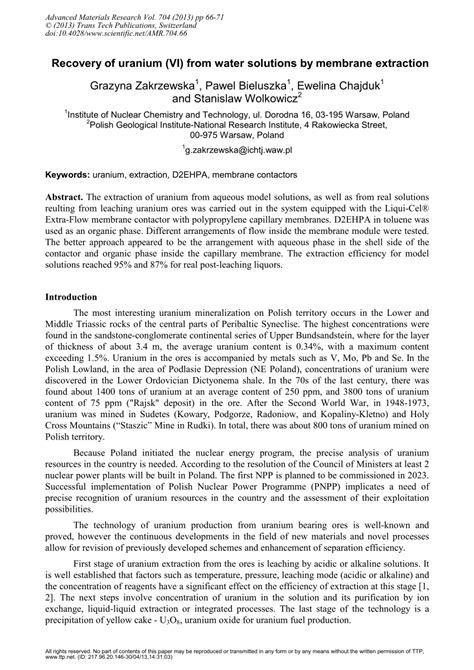 Pdf Recovery Of Uranium Vi From Water Solutions By Membrane Extraction