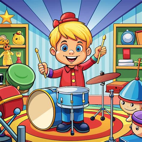 мультфильм мальчика играющего на барабанах Премиум векторы
